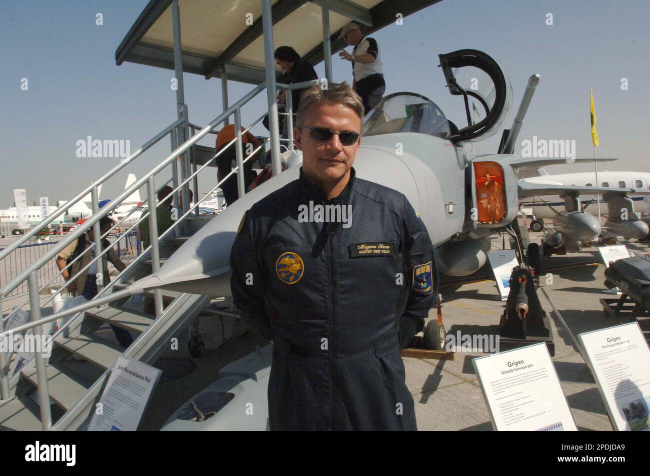 South African made Gripen aircraft test pilot Magnus Olson posses with ...