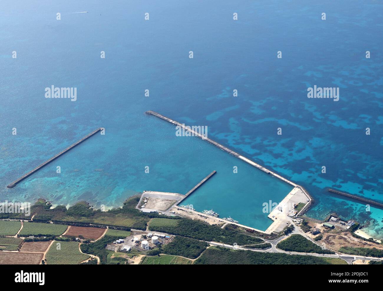 An aerial photo shows Nagayama Port in Miyako City, Okinawa Prefecture ...