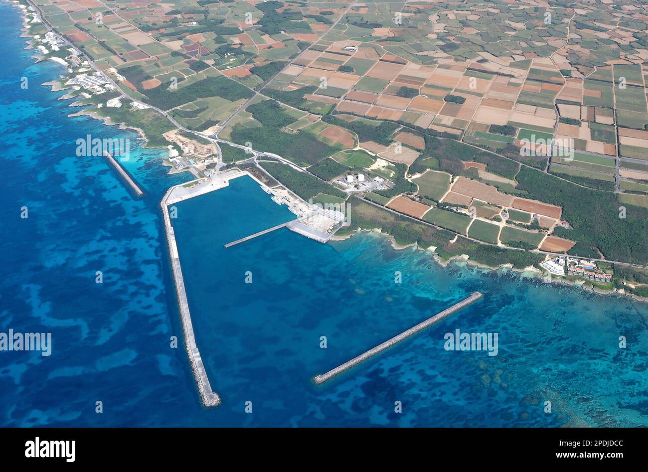 An aerial photo shows Nagayama Port in Miyako City, Okinawa Prefecture ...