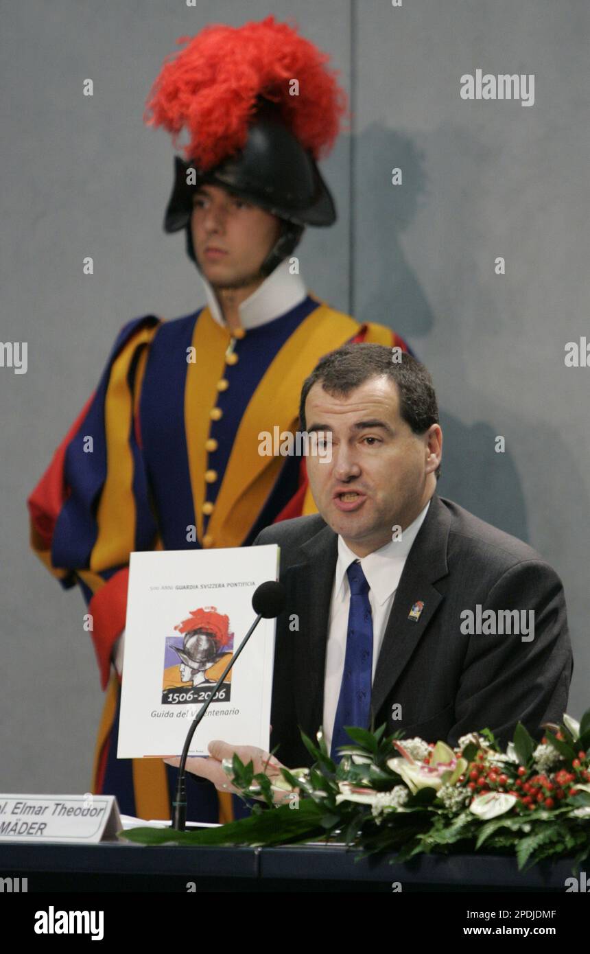 Commander of the Swiss Guards, Col. Elmar Mader, holds a guide for the ...