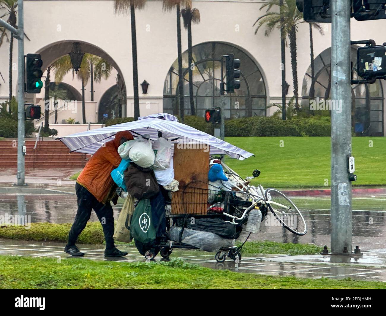 Santa Barbara, California, USA. 14th Mar, 2023. A homeless man walks ...