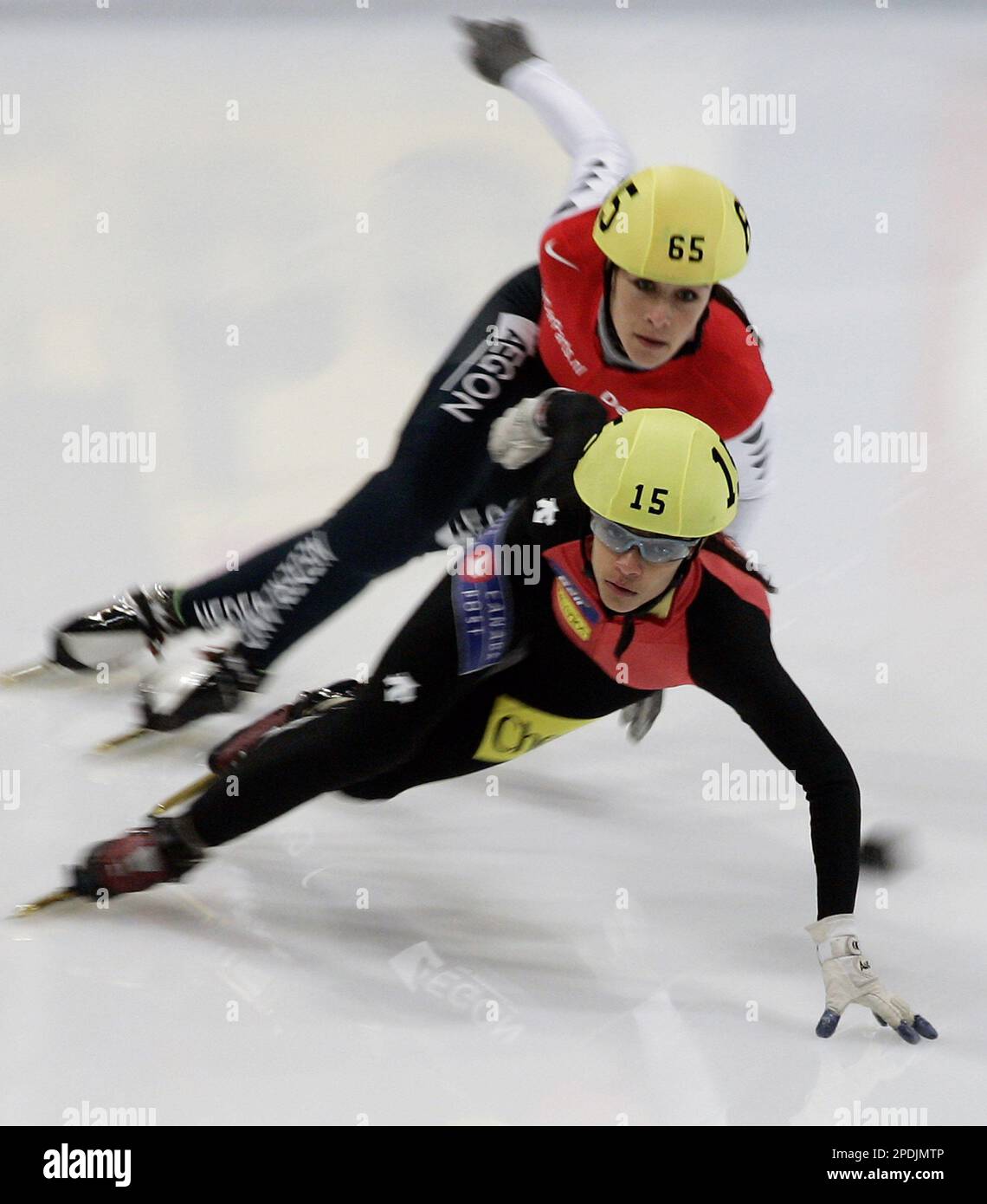 Kalyna Roberge of Canada, front, competes against Dutch Liesbeth Mau ...