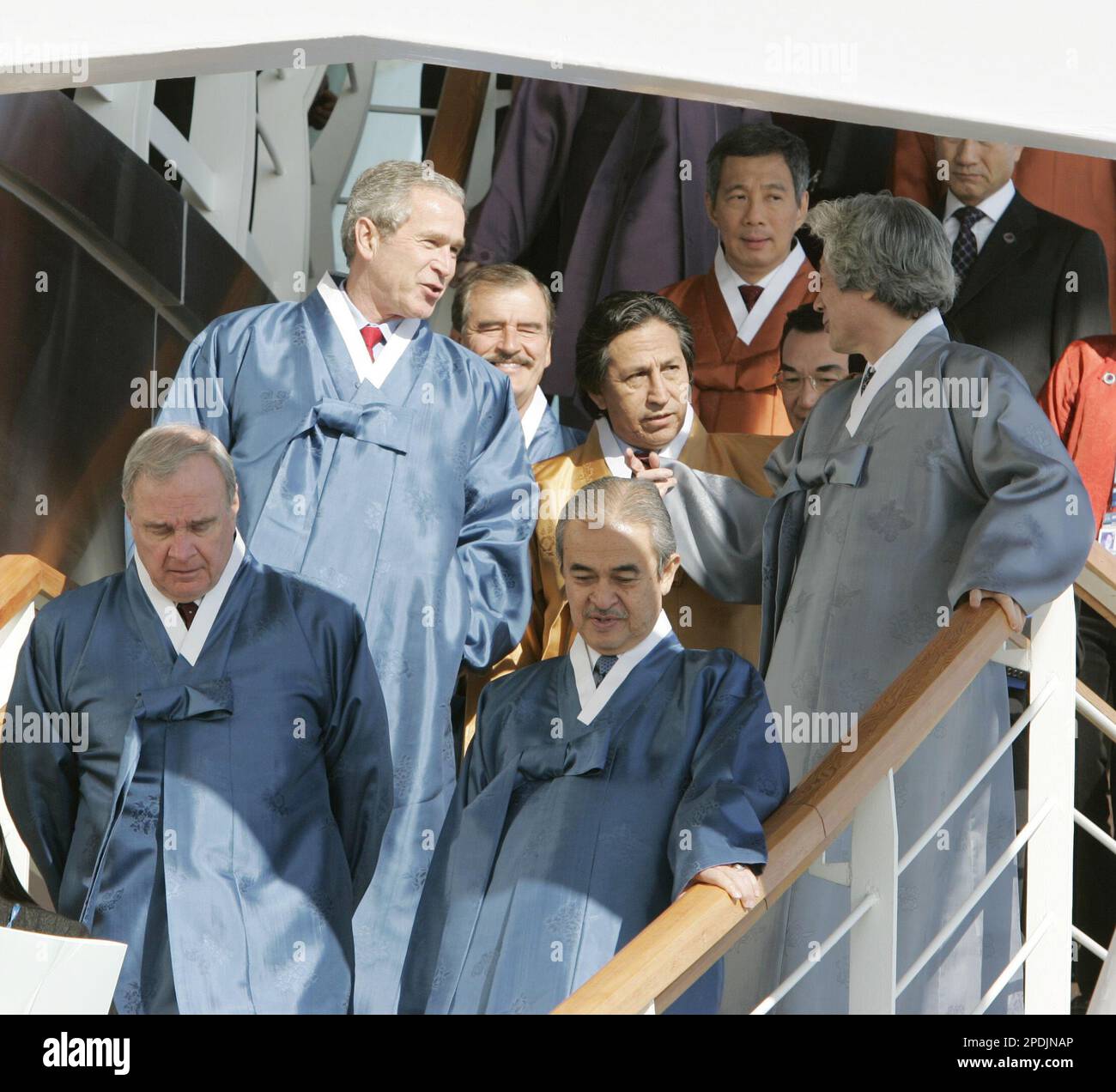 Wearing traditional Korean "durumagi" silk robes, U.S. President George ...
