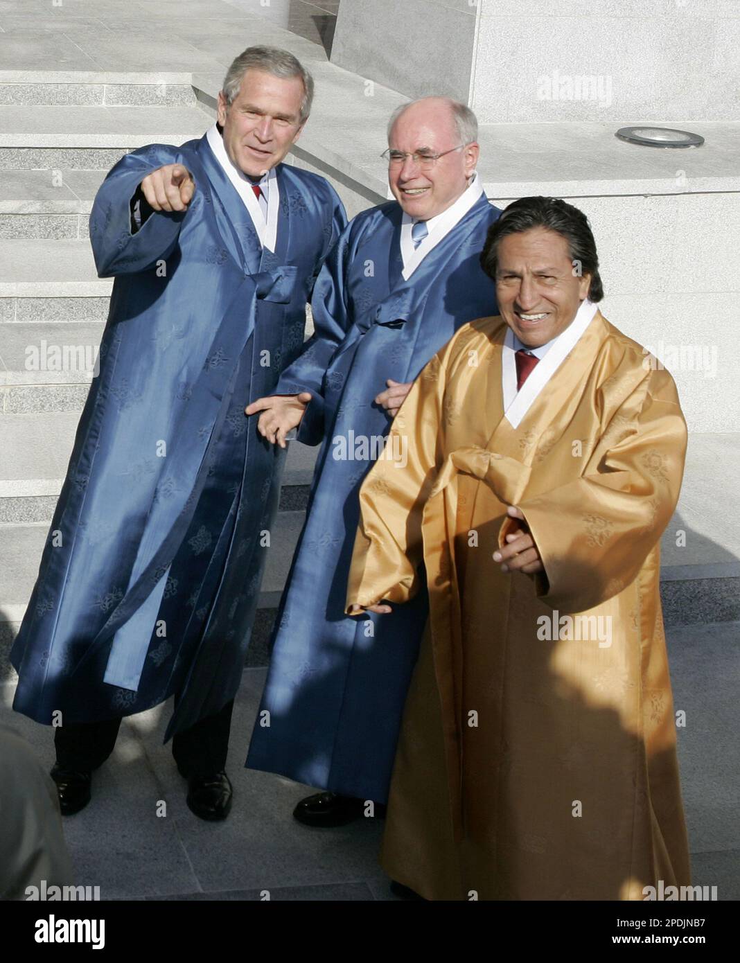 Wearing traditional Korean "durumagi" silk robes, U.S. President George ...