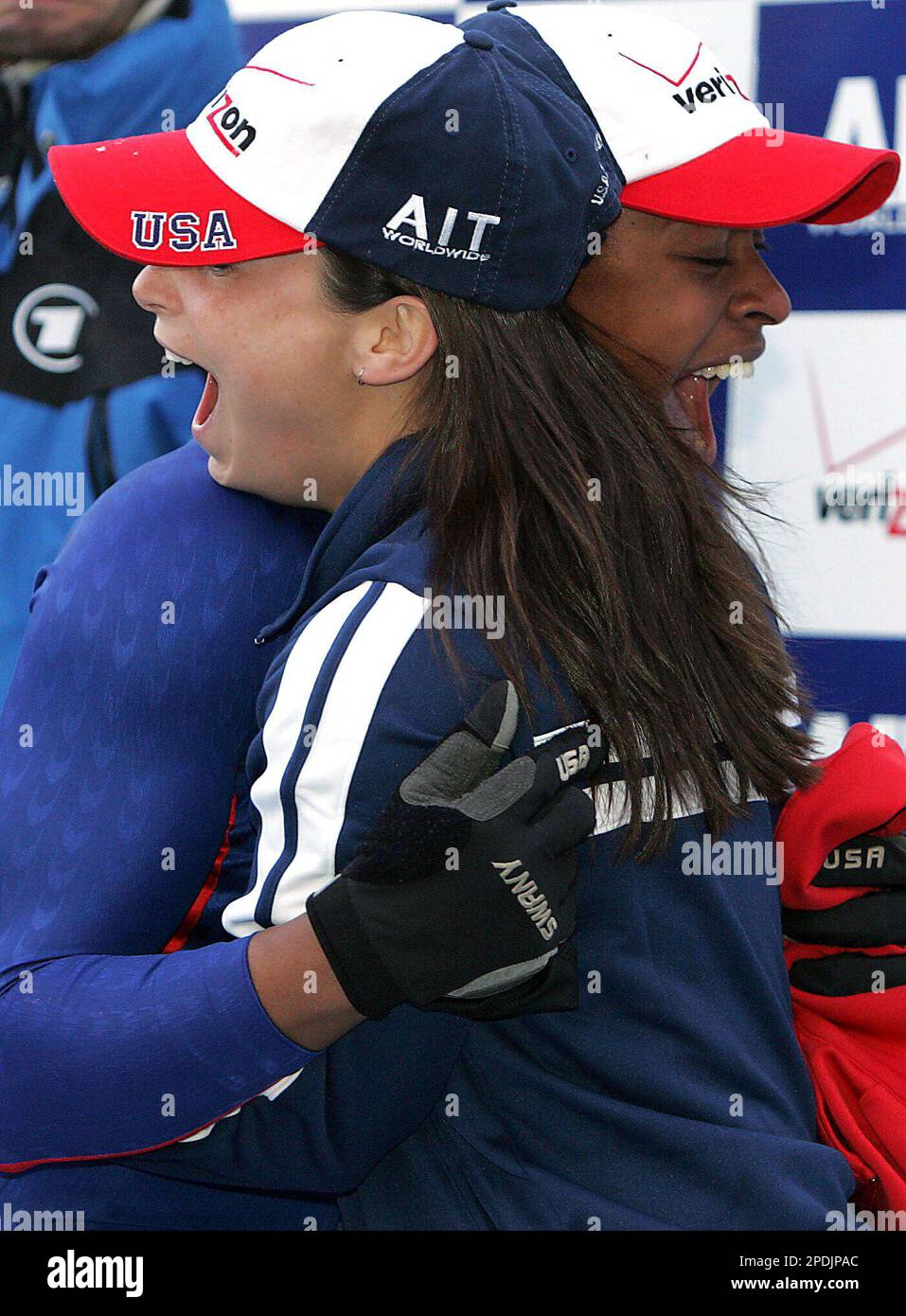 USA 3 bobsled team Jean Prahm, front, and Vonetta Flowers celebrate ...