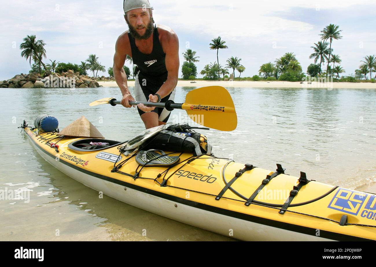Briton Jason Lewis, 37, is seen with his kayak apon arrival at Tanjong ...