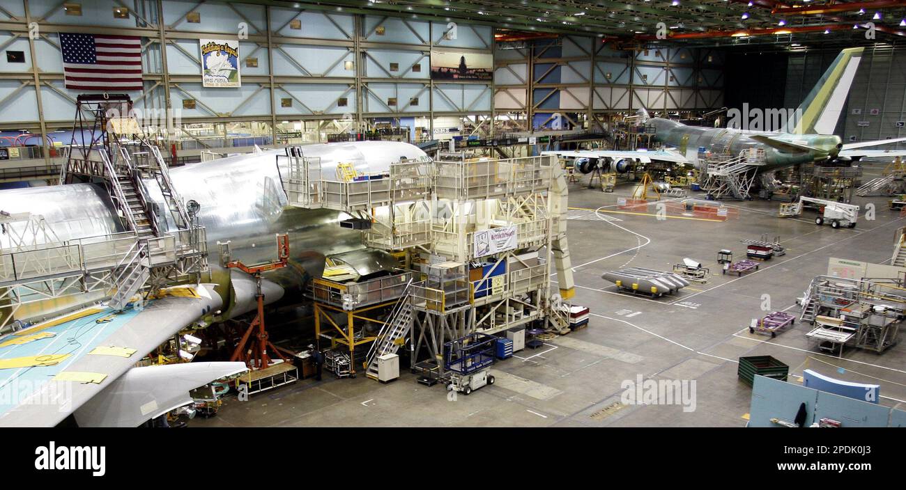 The 747 assembly line at Boeing's Everett, Wash. assembly facility is ...