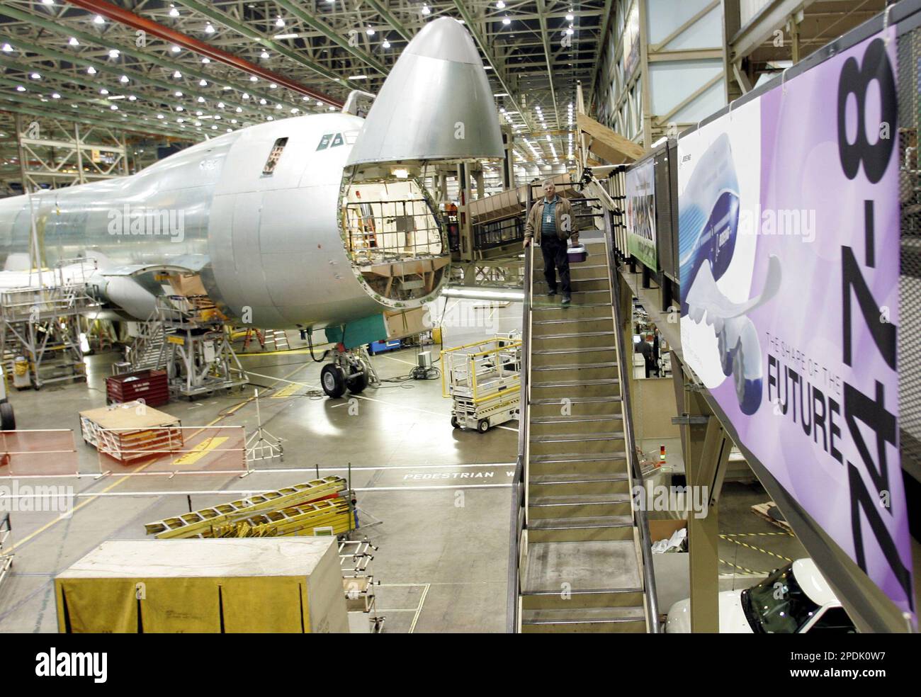 A freshly hung banner that reads "747-8, The Shape of the Future ...