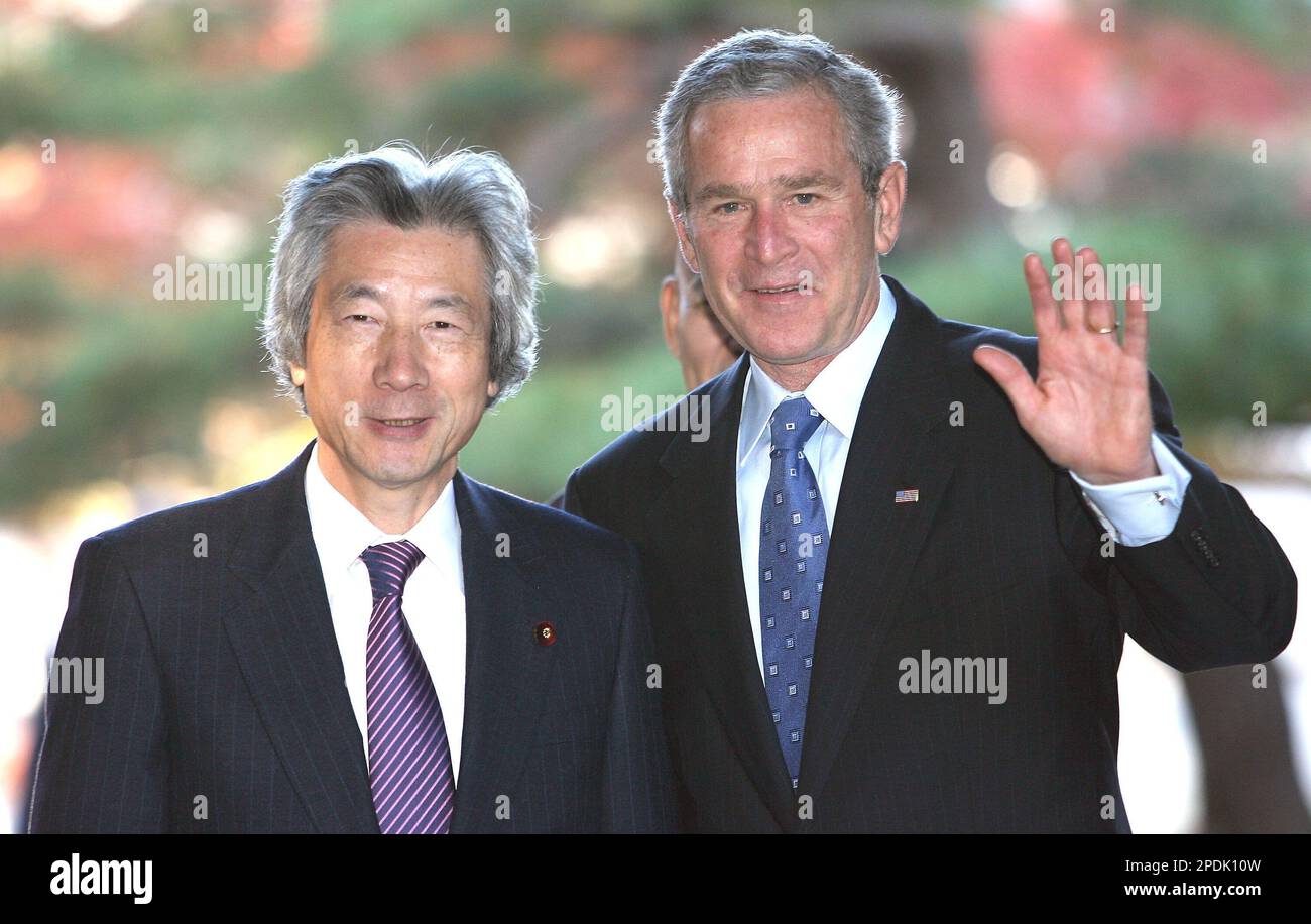 U.S. President George W. Bush is welcomed by Japanese Prime Minister ...