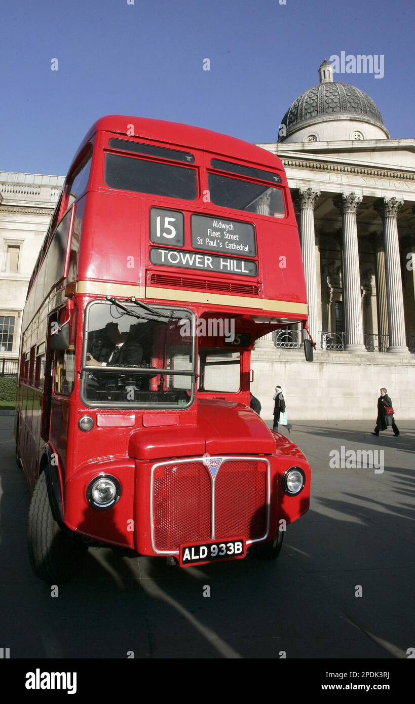 A Routemaster London bus is parked in Trafalgar Square, London, Monday ...