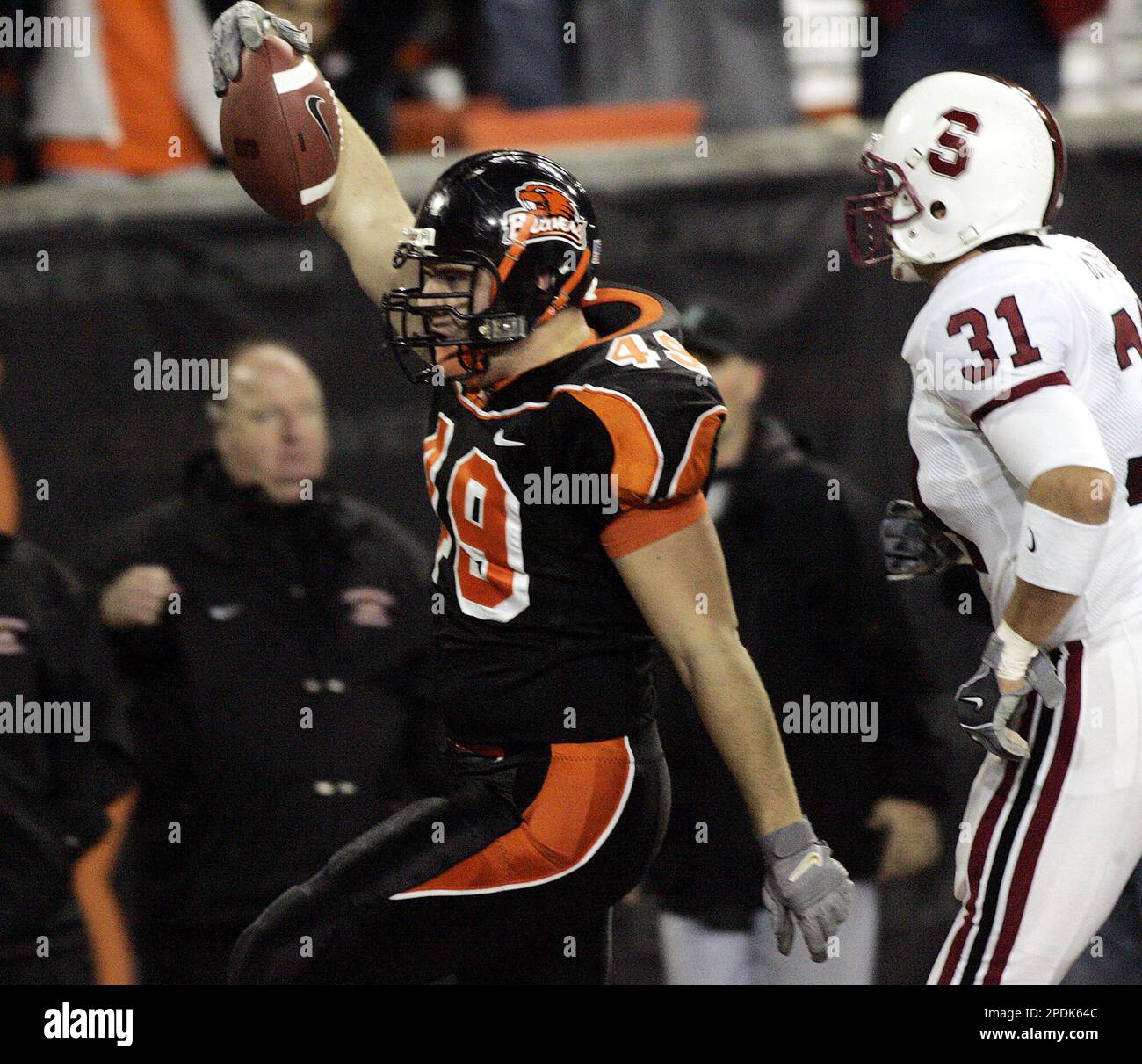 Oregon State's Jeff Van Orsow (49) celebrates his touchdown on an ...