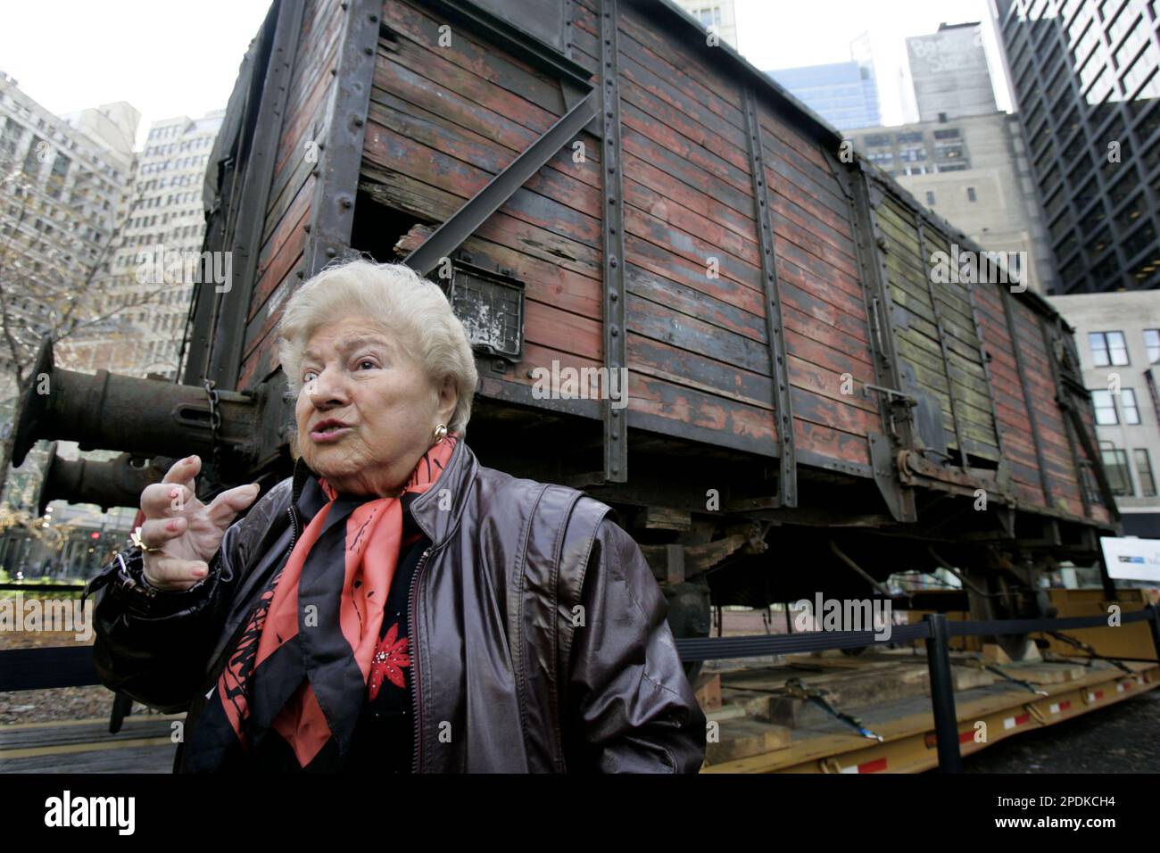 Holocaust survivor Barbara Steiner stands in front of a Nazi-era German ...