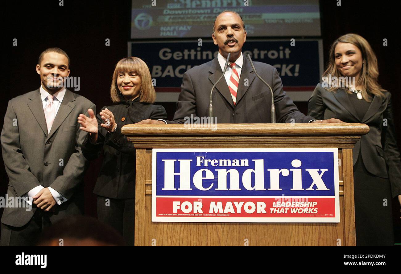 Detroit mayoral candidate Freman Hendrix speaks to supporters at a election night rally with his ...