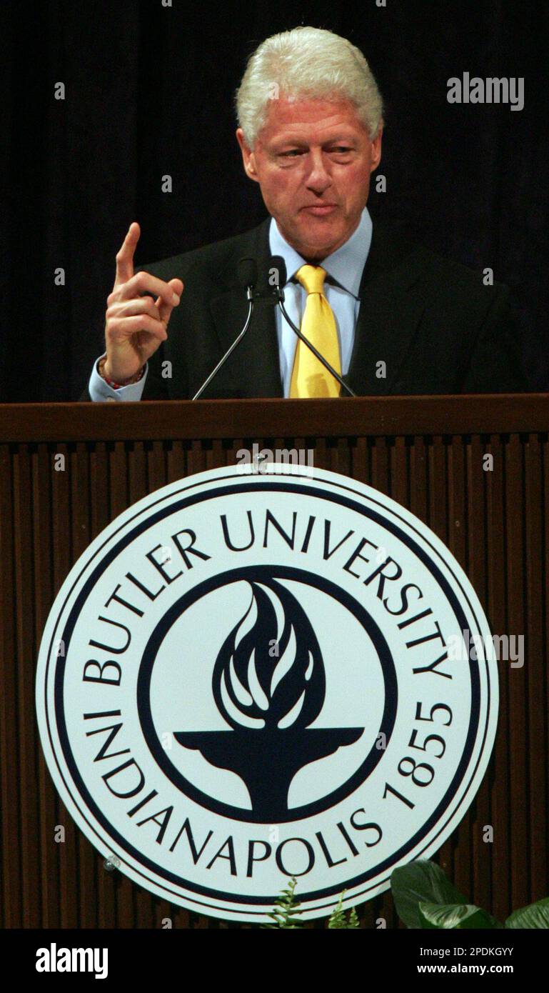 Former President Bill Clinton gestures while speaking in Indianapolis ...