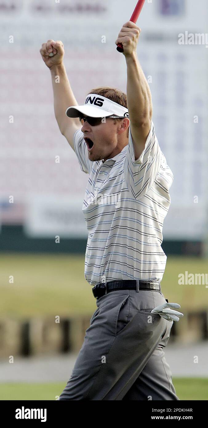 Heath Slocum celebrates after shooting a 6-under 66 for a two-stroke ...