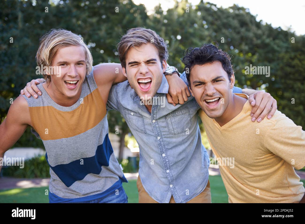 Friends for life. Portrait of three cheering friends standing with arms ...