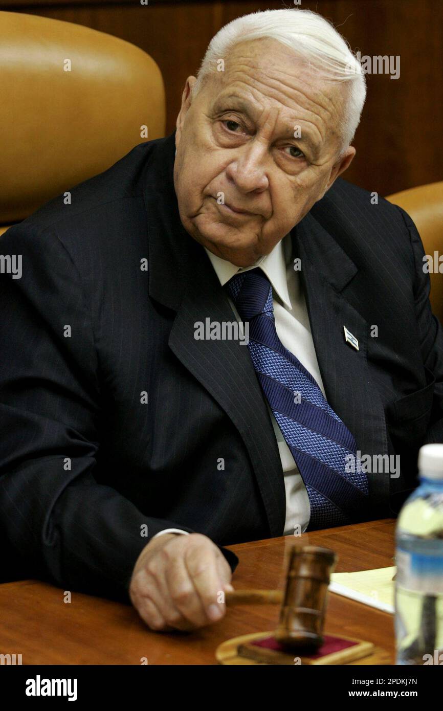 Israeli Prime Minister Ariel Sharon bangs the gavel at the beginning of the weekly cabinet ...