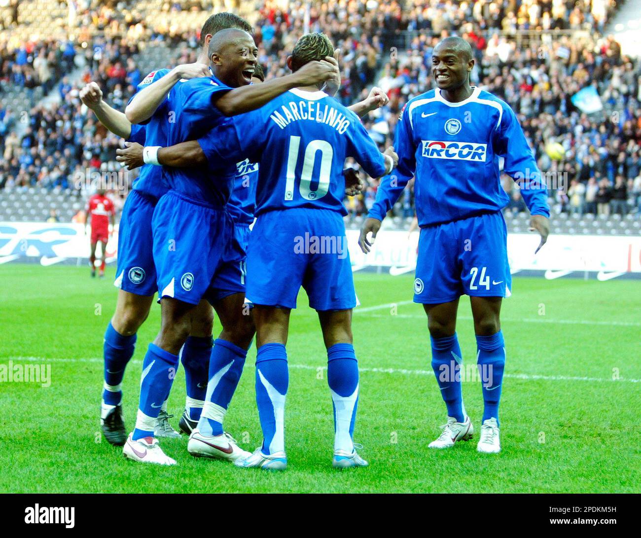 Hertha BSC players Ellery Cairo from the Netherlands, left, Marcelinho ...