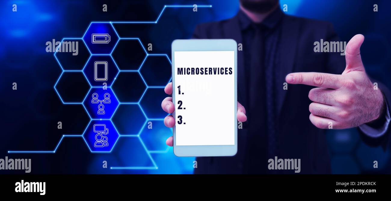 Handwriting text Microservices. Business overview Software development technique Building single ...