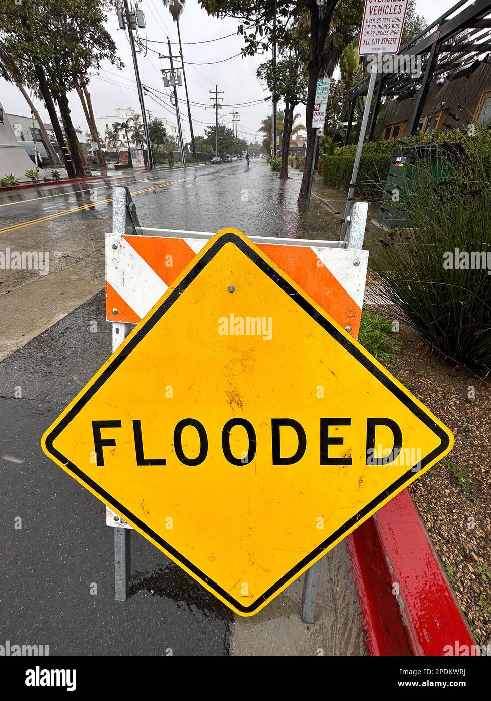 Santa Barbara, California, USA. 14th Mar, 2023. A yellow flooded sign in downtown Santa Barbara ...