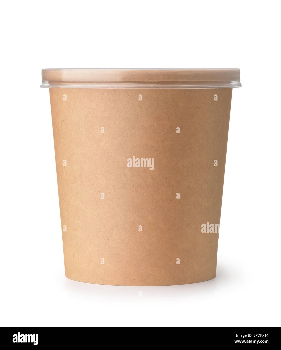 Front view of blank brown disposable paper bucket with plastic lid ...