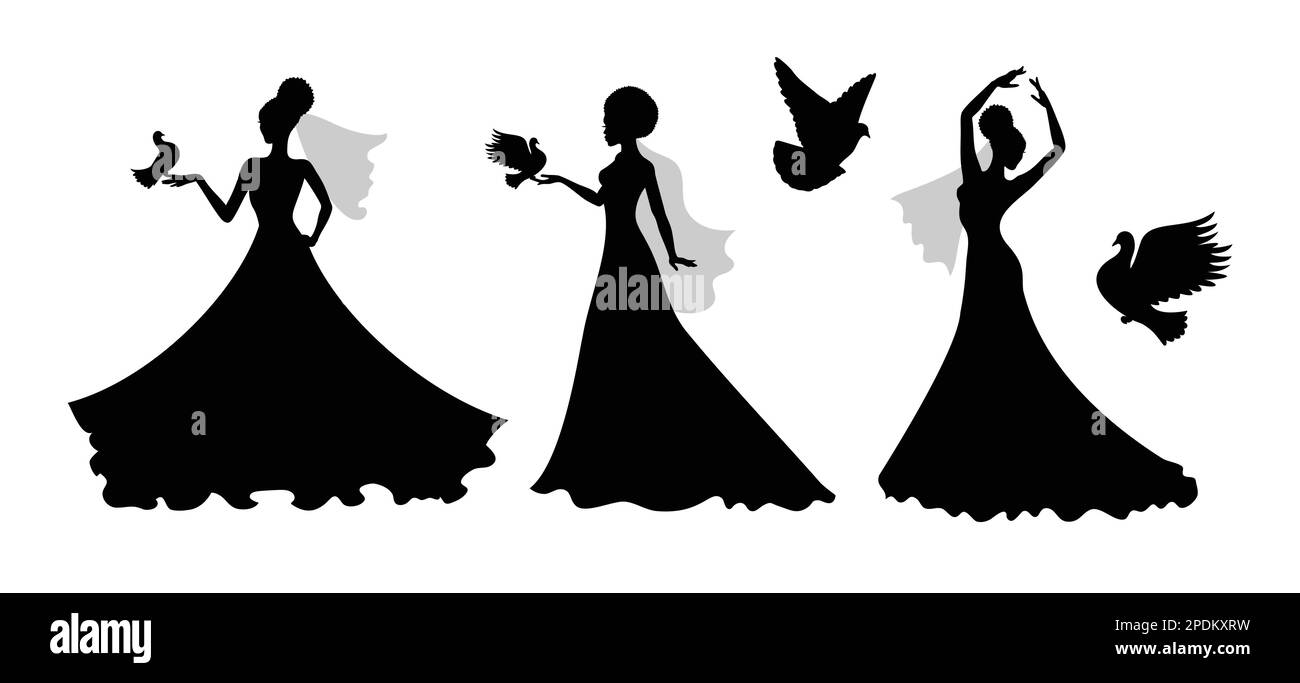Set of vector silhouettes of an afro bride with a bird Stock Vector ...