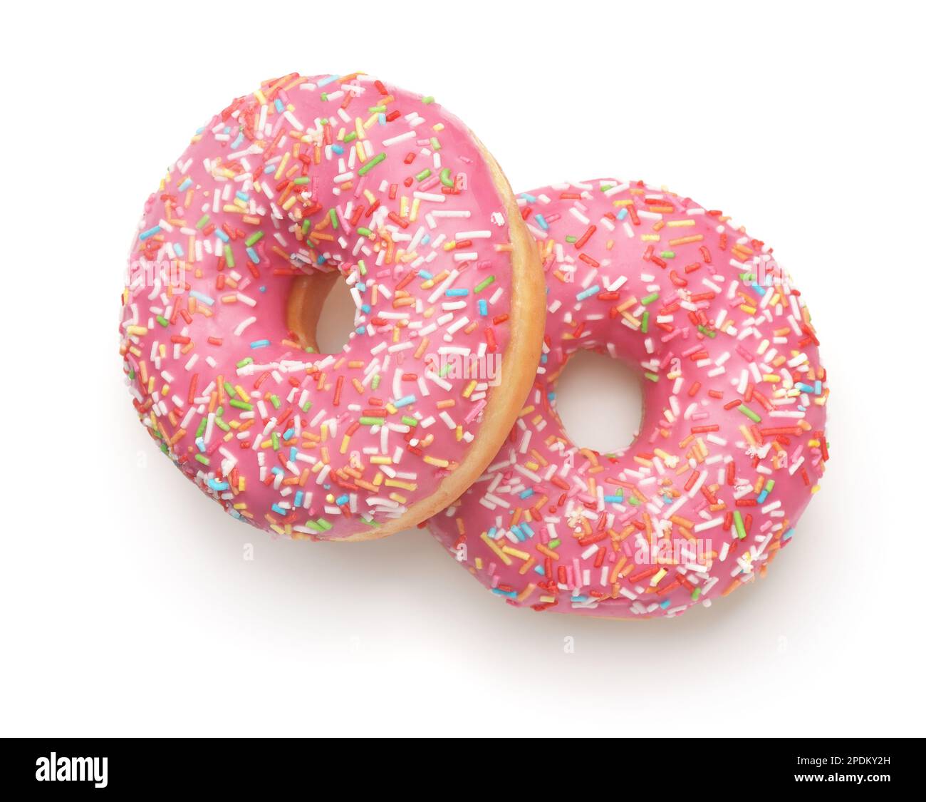 Top view of two pink glazed donuts with colorful sprinkles isolated on ...