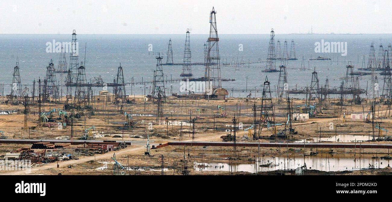 Oil rigs are seen in an oil field outside Baku, Azerbaijan, Wednesday ...