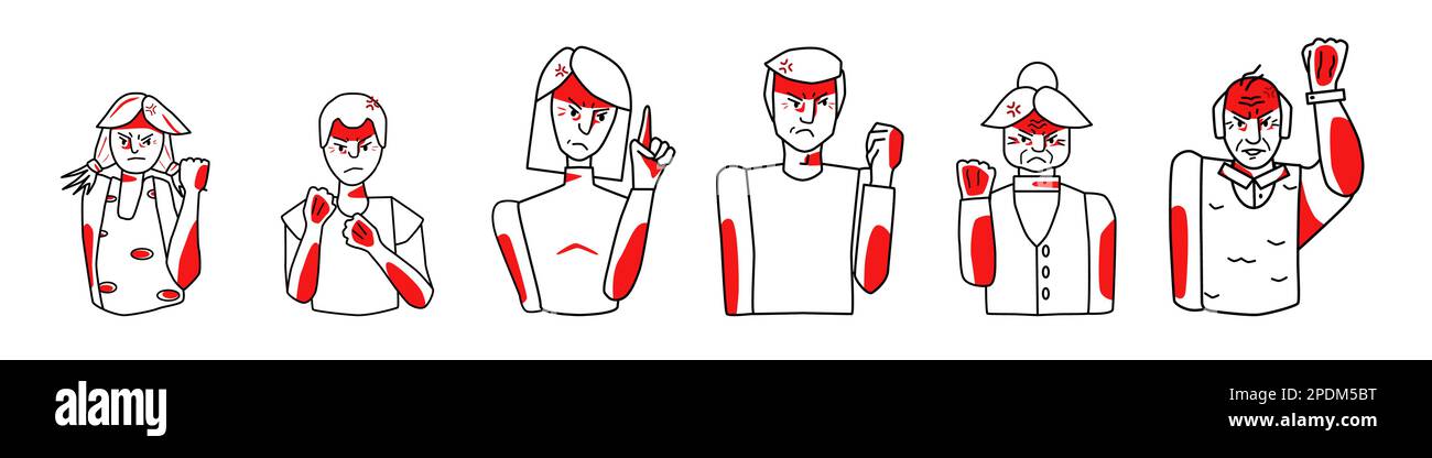 Set of anger emotion characters. Angry boy and girl, man and woman ...