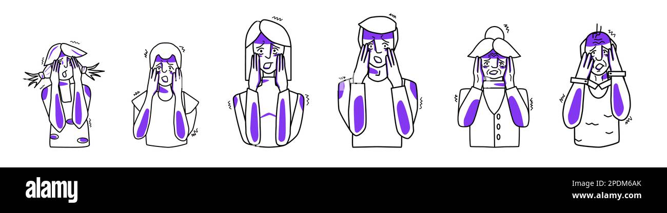 Set of people with fear. Afraid boy and girl, man and woman ...