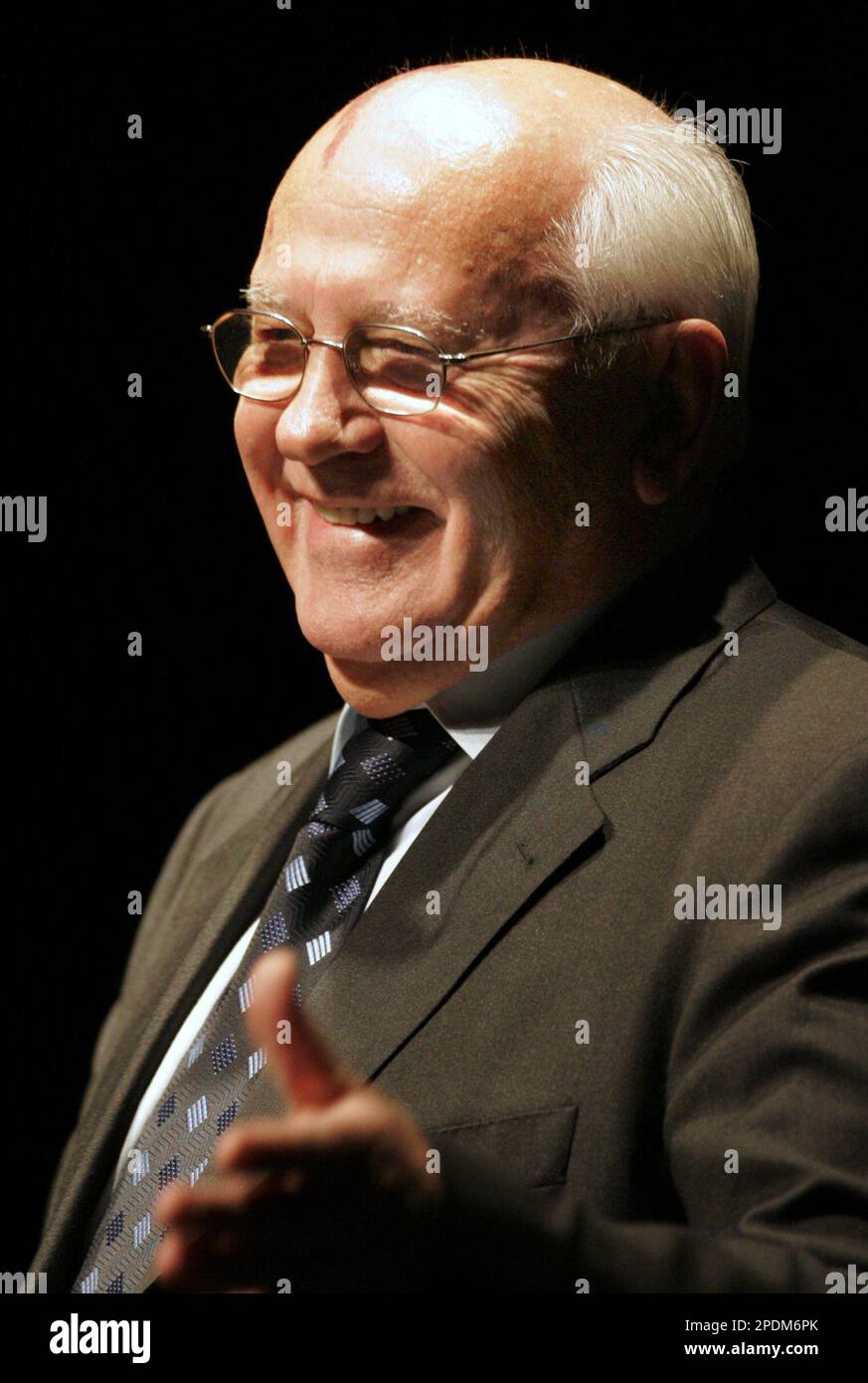 Former Soviet President Mikhail Gorbachev smiles during a lighter ...