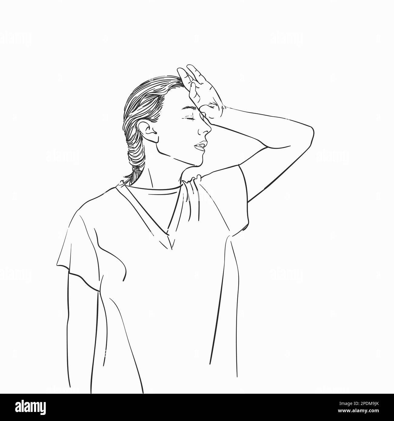 Young woman holding hand on her forehead, Vector sketch, Hand drawn ...