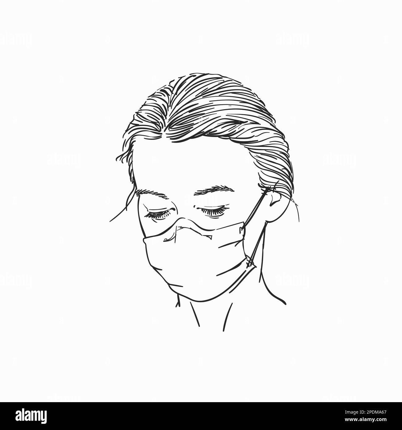 Woman portrait wearing medical face mask and looking down, Hand drawn ...