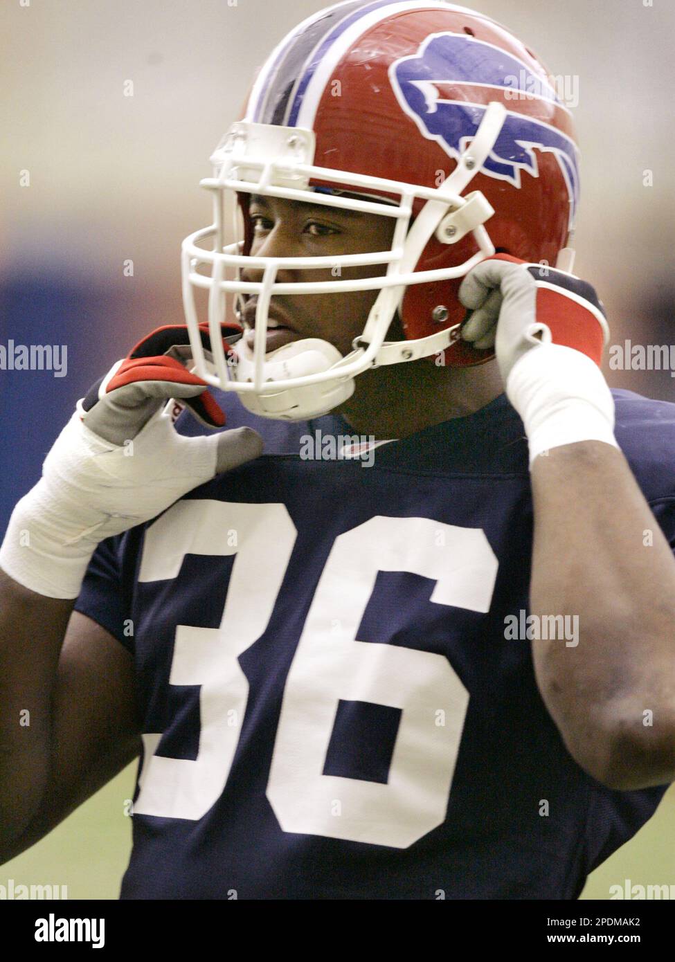 Buffalo Bills safety Lawyer Milloy secures his helmet during practice ...