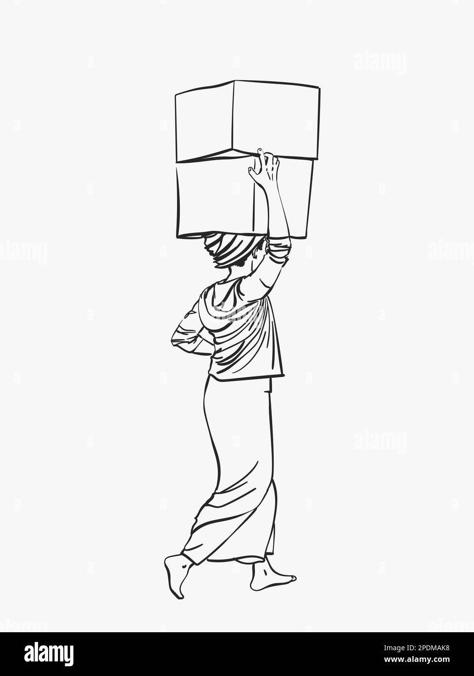 Burmese woman in longyi is carrying big boxes on her head, Vector ...