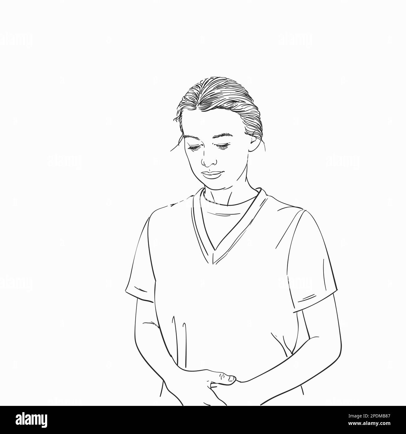 Young woman with hands on her belly looking down, Vector sketch, Hand ...