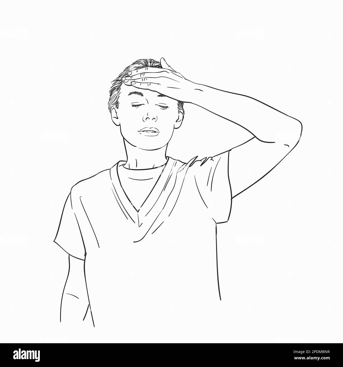 Young woman holding hand on her forehead, Vector sketch, Hand drawn ...