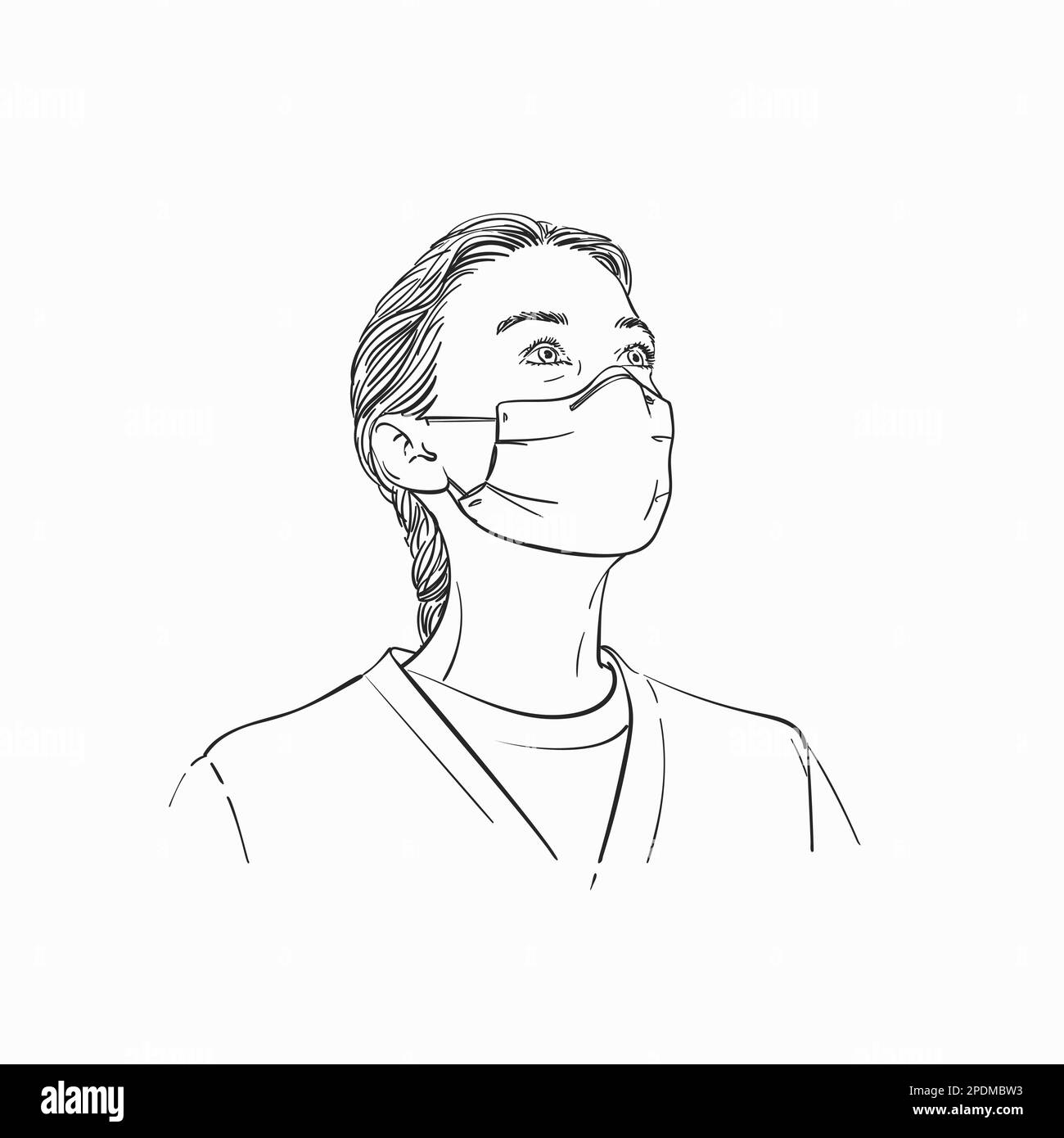 Woman portrait wearing medical face mask and looking up, Hand drawn ...