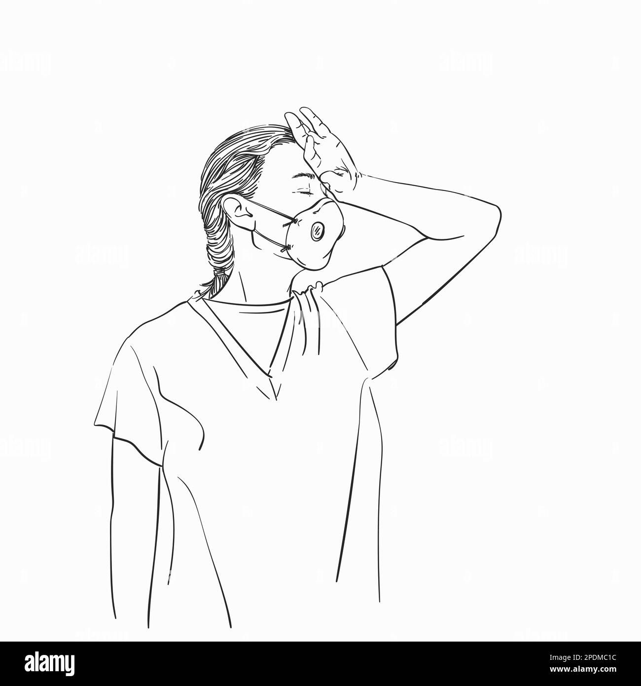 Young woman in medical face mask holding hand on her forehead, Vector ...