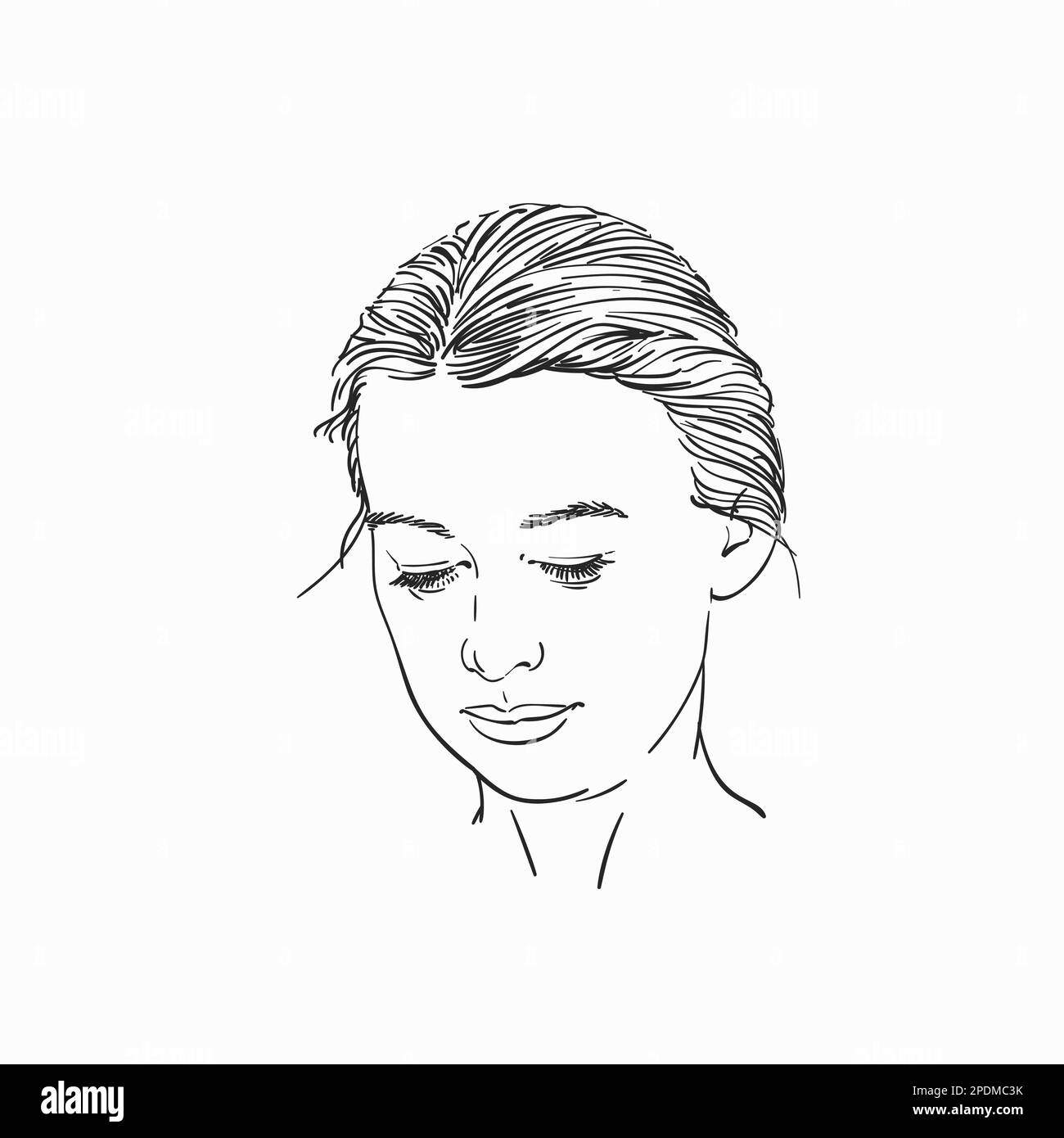 Portrait of young woman looking down, Vector sketch, Hand drawn ...