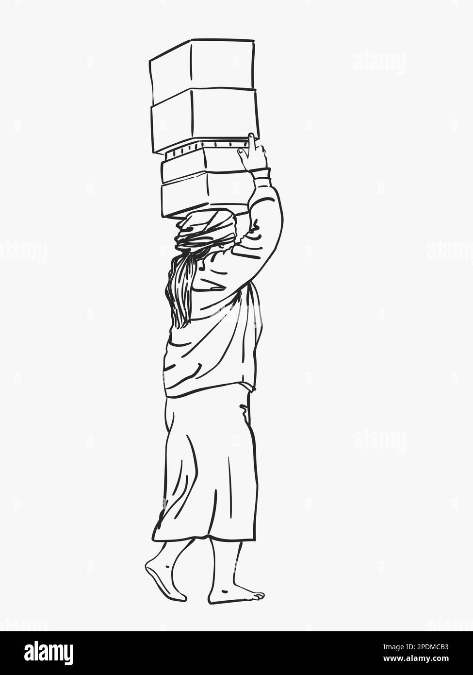 Burmese woman in longyi is carrying big boxes on her head, Vector ...