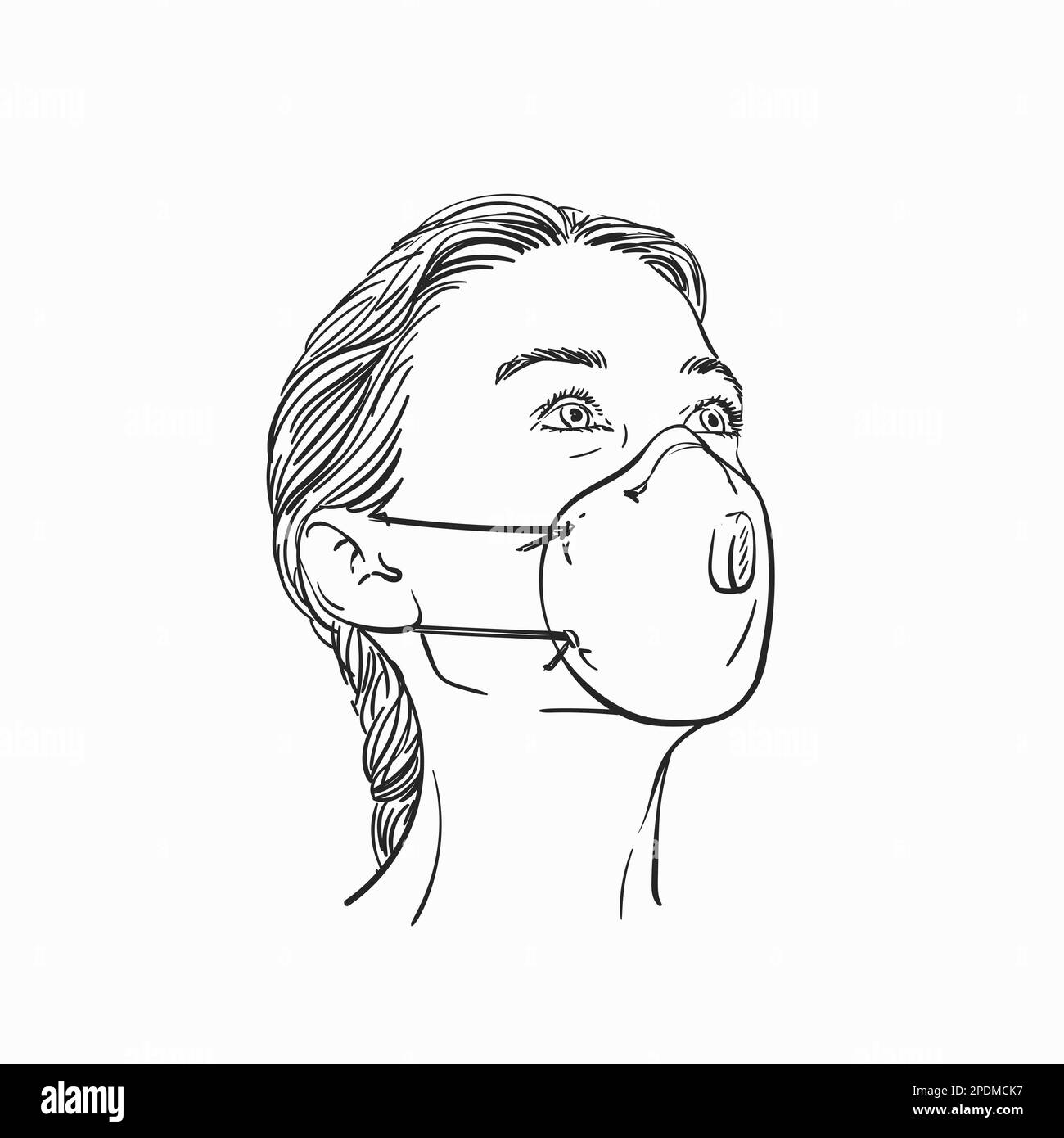 Woman portrait wearing medical face mask and looking up, Hand drawn ...