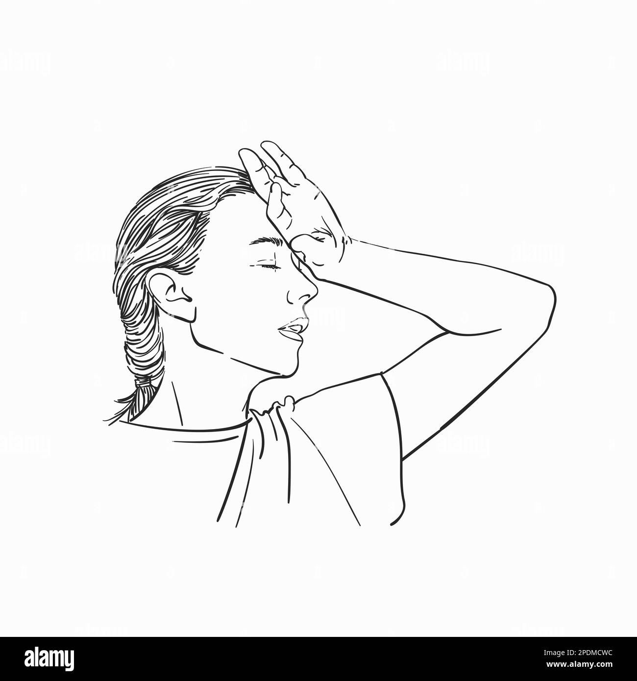 Portrait of young woman holding hand on her forehead, Vector sketch ...