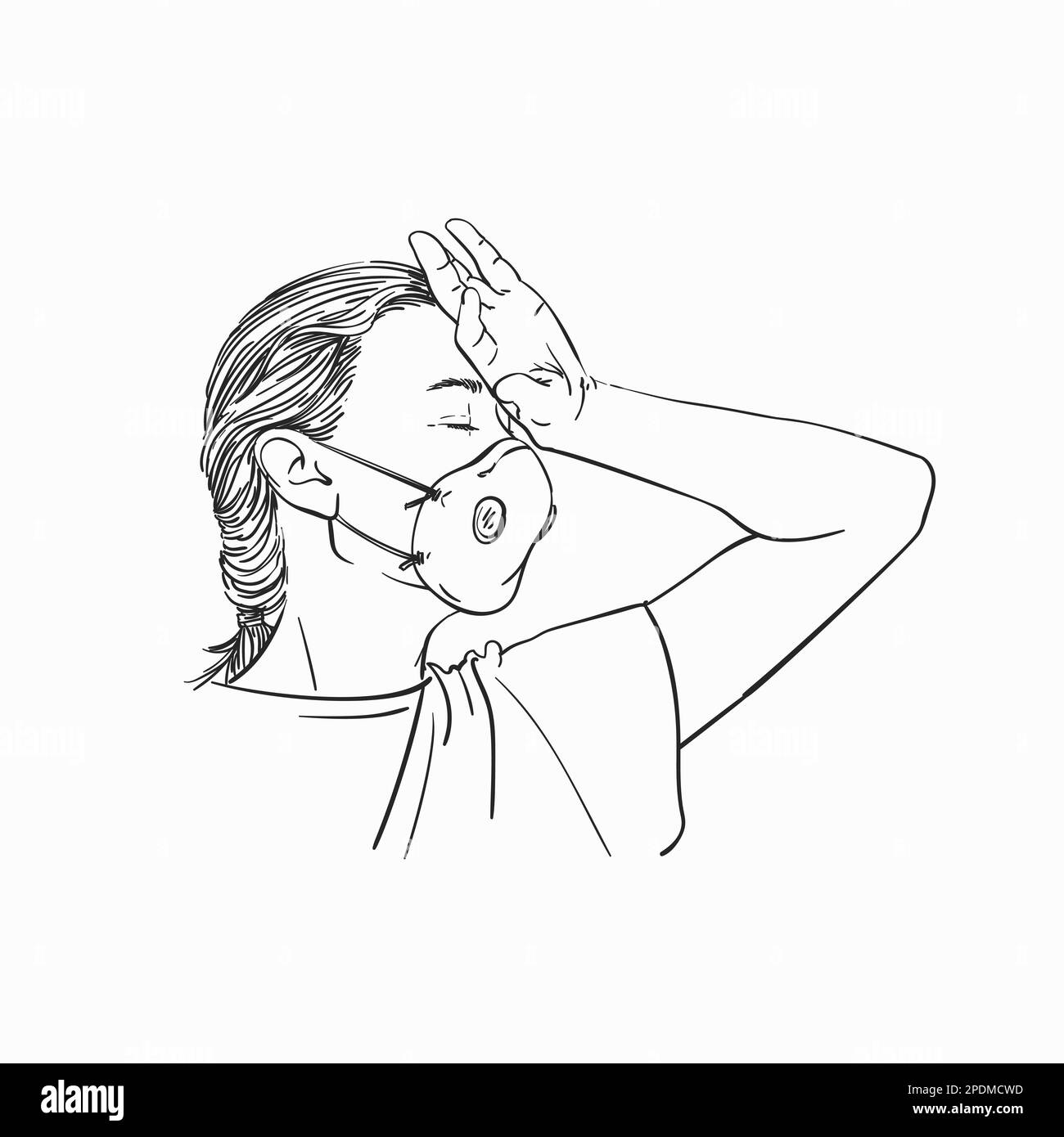 Portrait of young woman in medical face mask holding hand on her ...