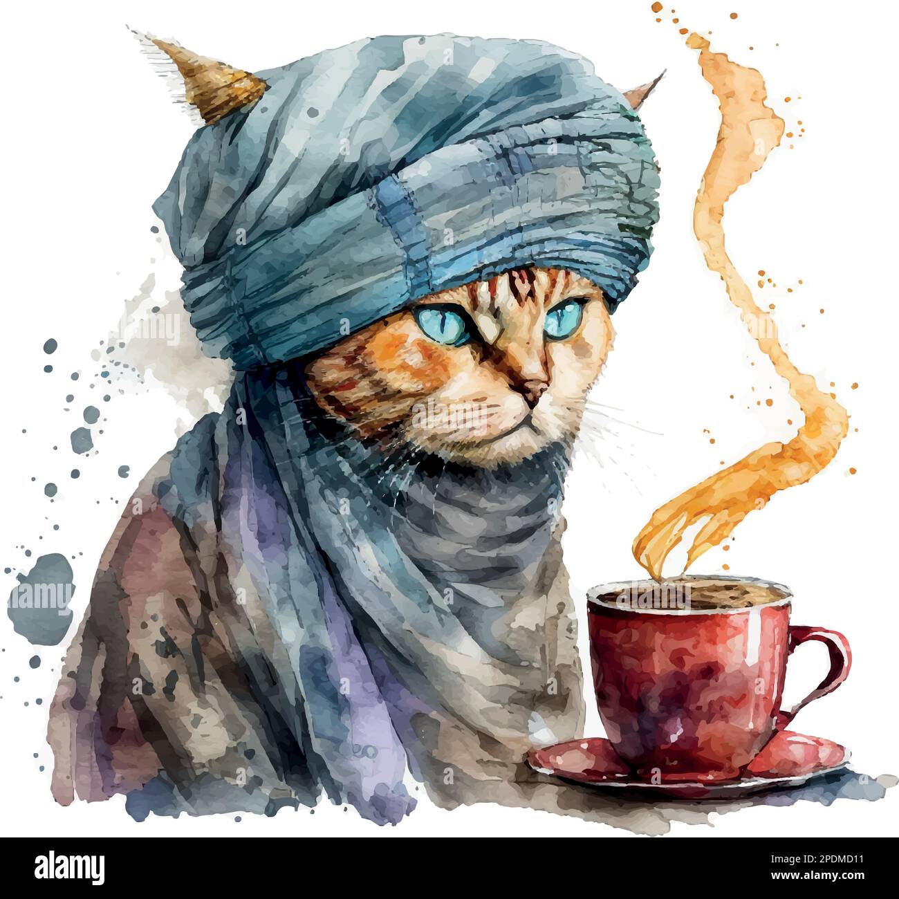 Turkish Cat with coffee cup. Muslim cat with turban. Watercolor Vector ...