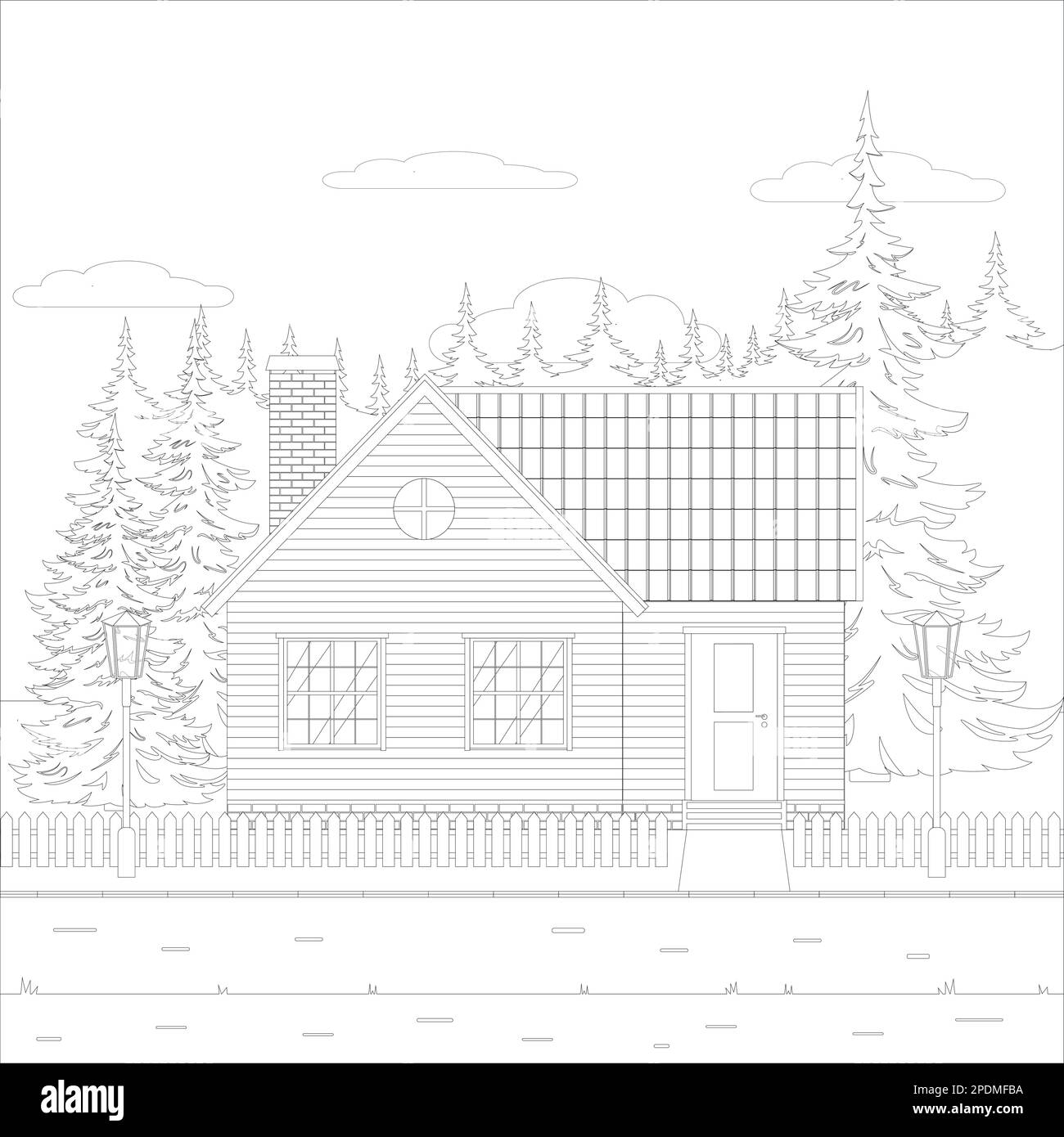 Schematic representation of a village house next to a forest Stock ... Schematic representation of a village house next to a forest Stock ...