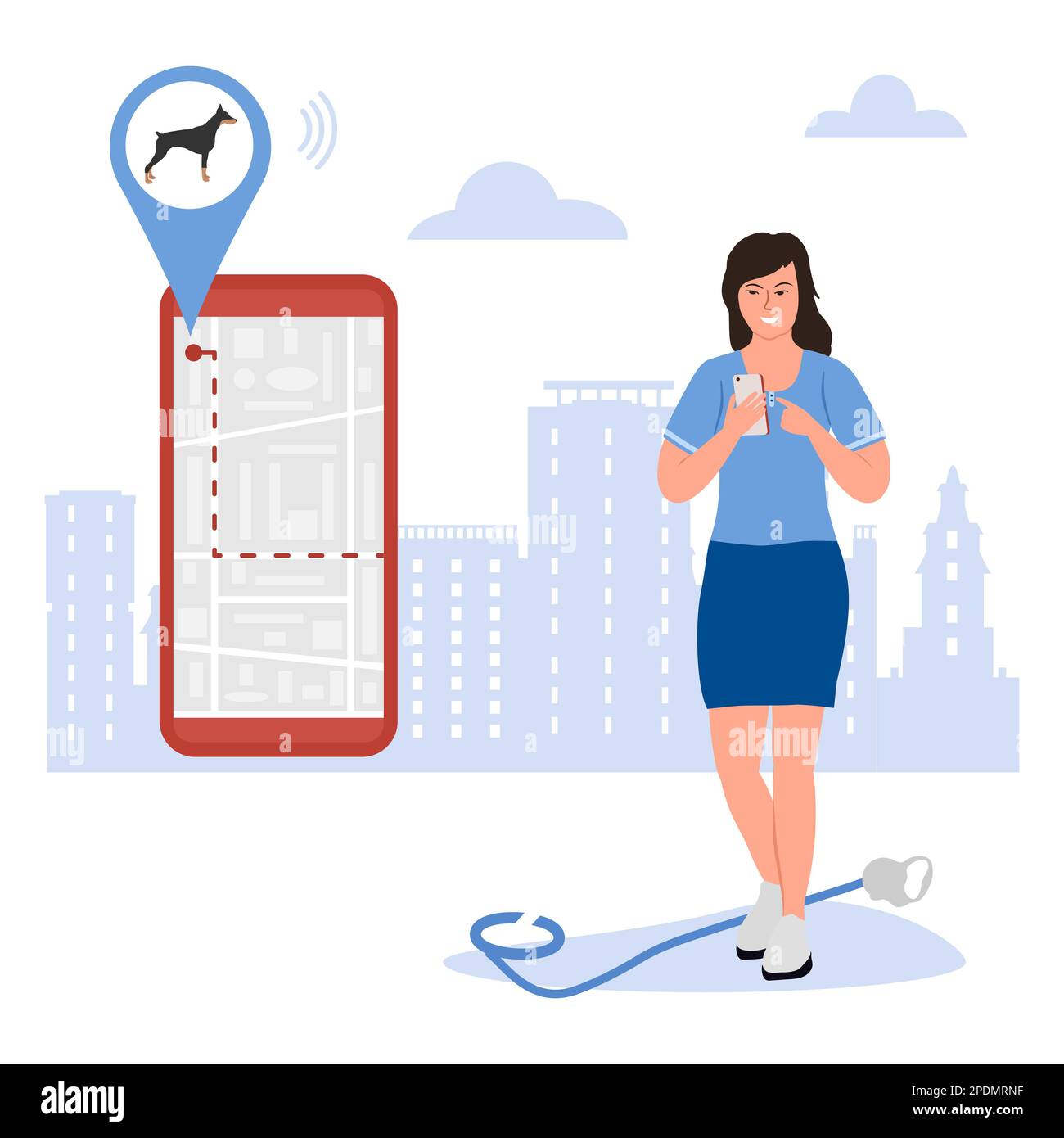 Vector illustration Woman uses application on cell phone for search the ...