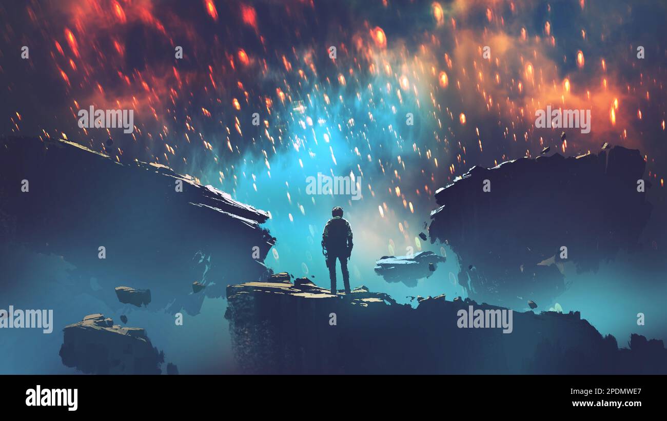 man standing on the floating rock looking at the sky full of fireballs ...