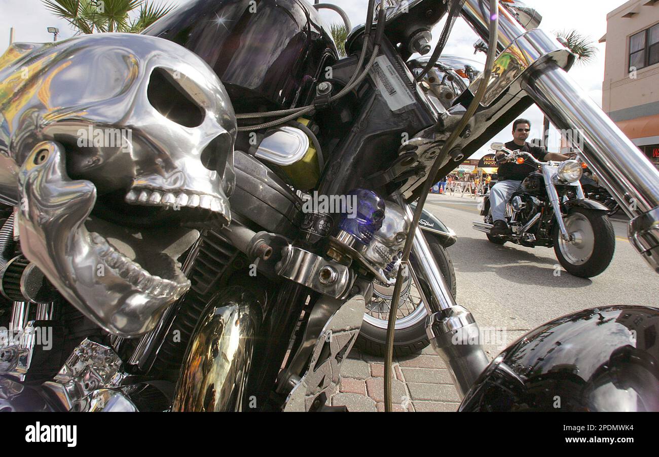 An air handler crafted into a chrome skull on this motocycle parked ...