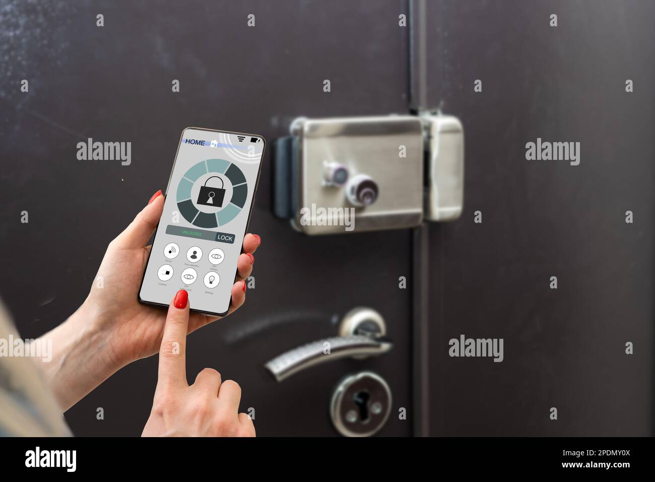 smart house, home automation, device with app icons. Man uses his ...